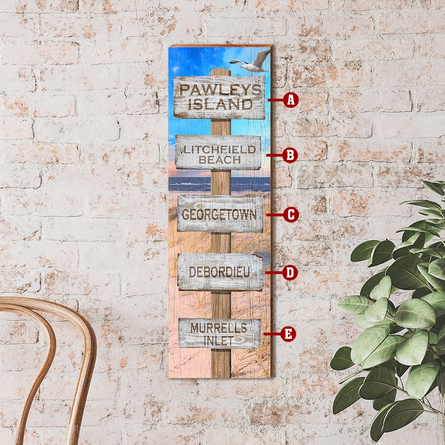Personalized Coastal Directional Wooden Sign | Wall Art Print on Real