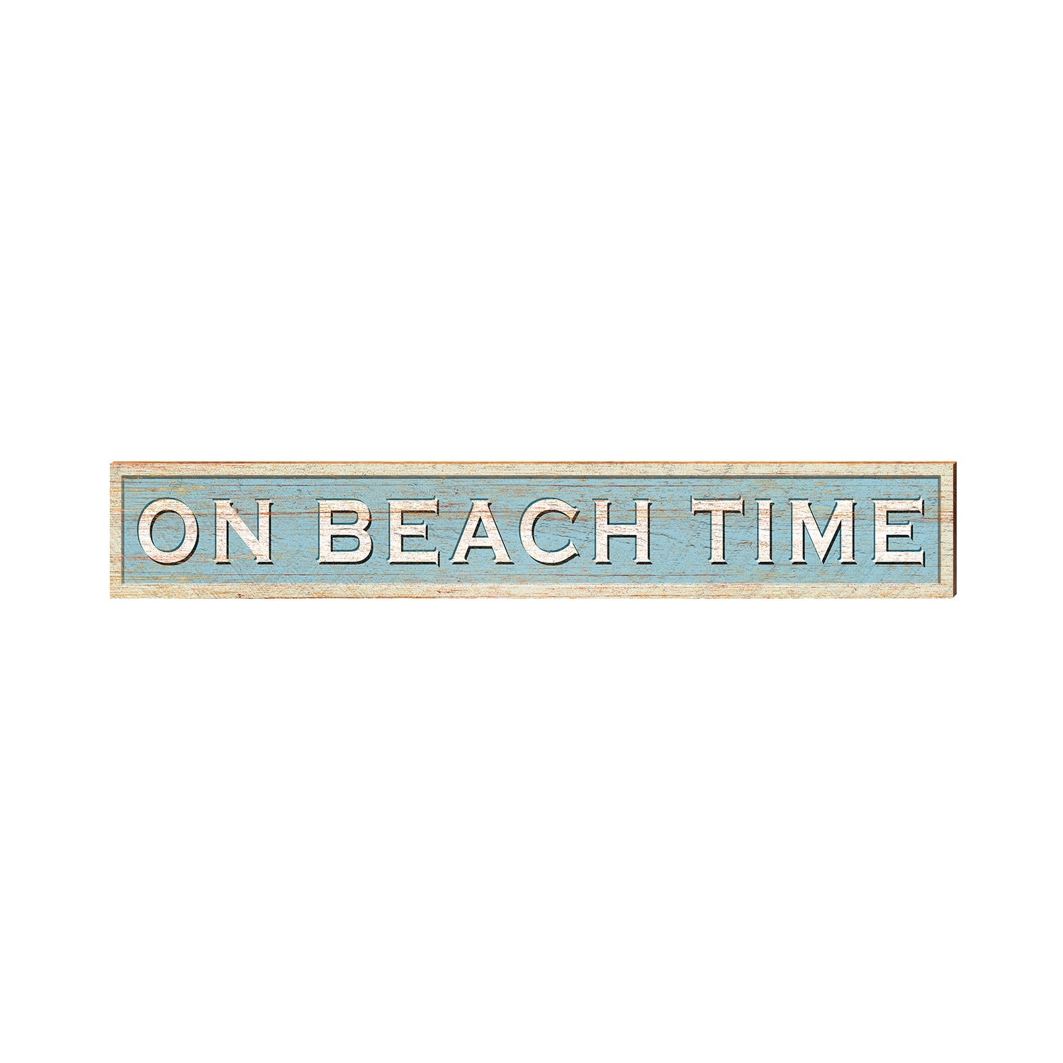 On Beach Time White Coastal Blue Sign | Real Wood Wall Art Print