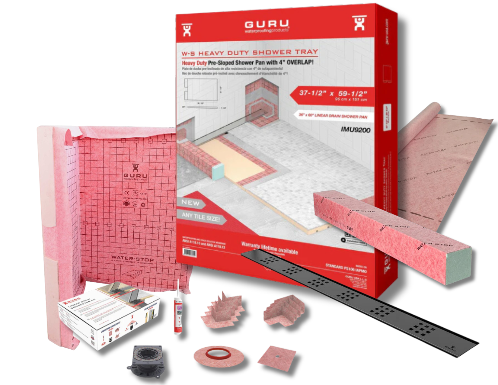 GURU Shower Linear Drain Superkit 37-1/2"x60-1/8" PVC with Drain - SKU