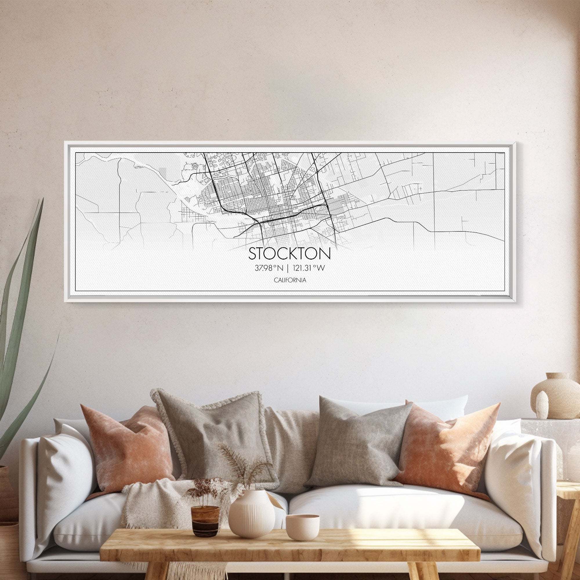 Panoramic Stockton City Map, California Art, Map Print, Minimalist Wal