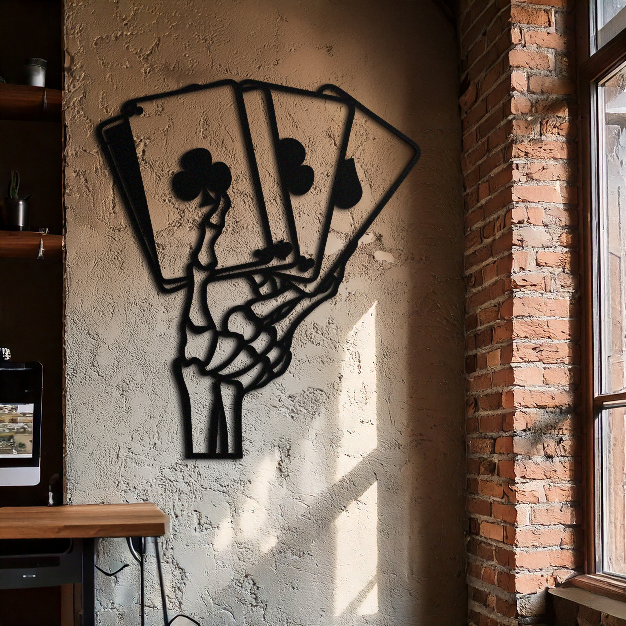 Skeleton Hand Holding Playing Cards Metal Wall Art – Gothic Poker Room