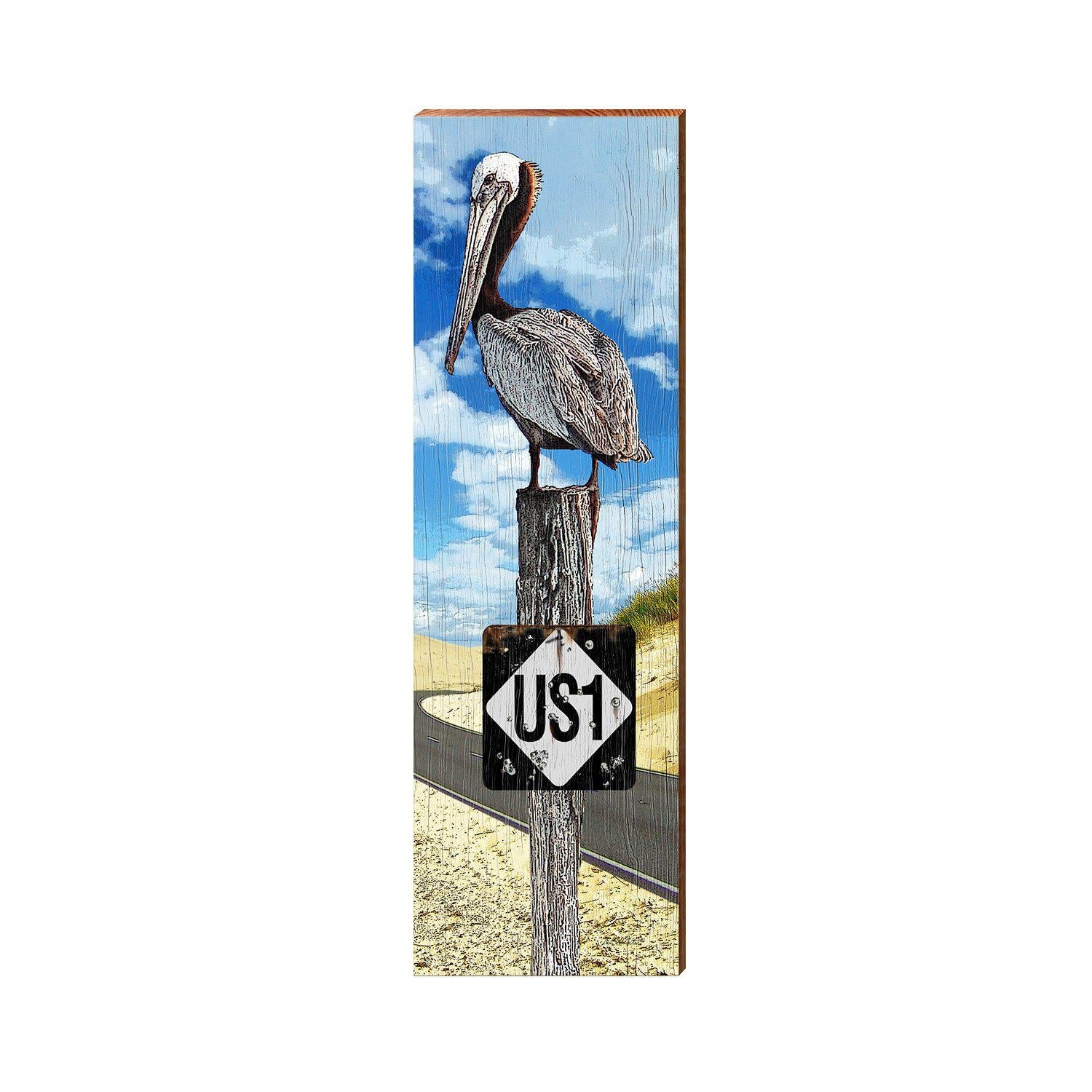 US1 Pelican On Piling | Wall Art Print on Real Wood