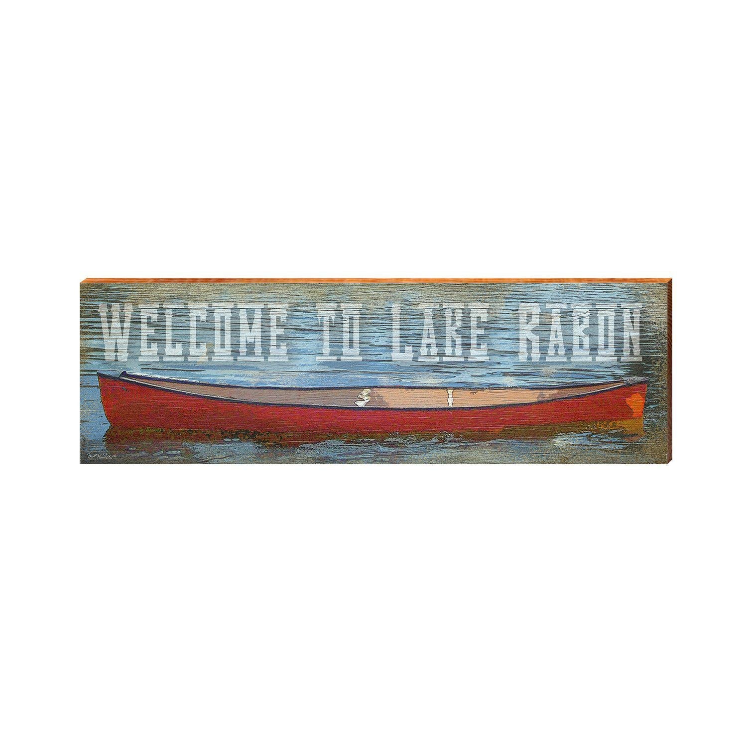 Welcome to Lake Rabon Red Canoe | Wall Art Print on Real Wood