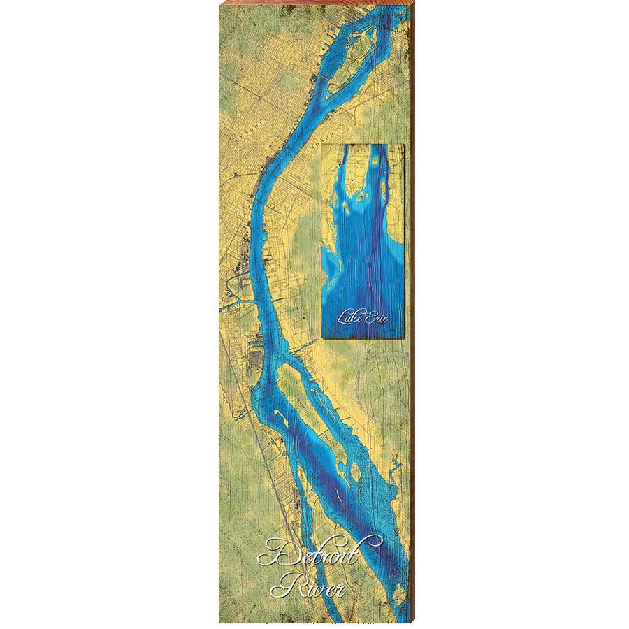 Detroit River with Lake Erie Inlet, Michigan Map Wooden Sign | Wall Ar