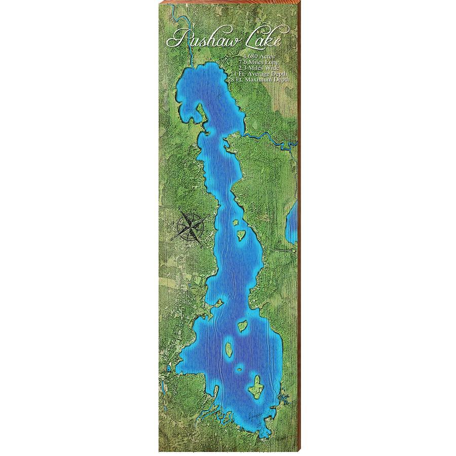 Pushaw Lake Map Home Decor Art Print on Real Wood