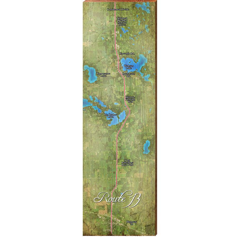 Route 13 Map Home Decor Art Print on Real Wood