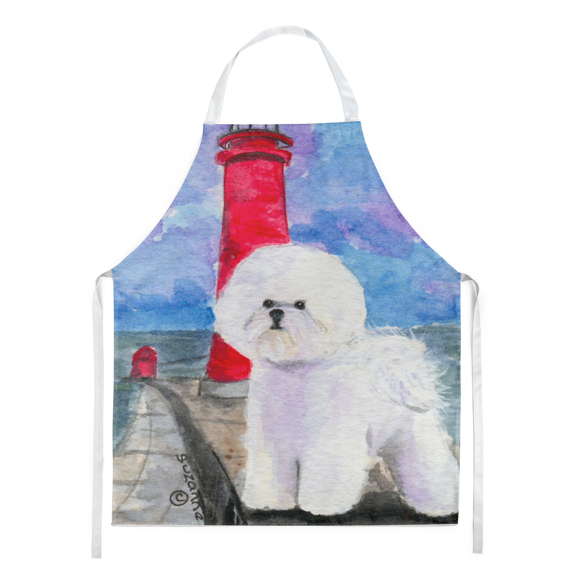 Lighthouse with Bichon Frise Apron – Artist-Designed Kitchen, BBQ & Cr