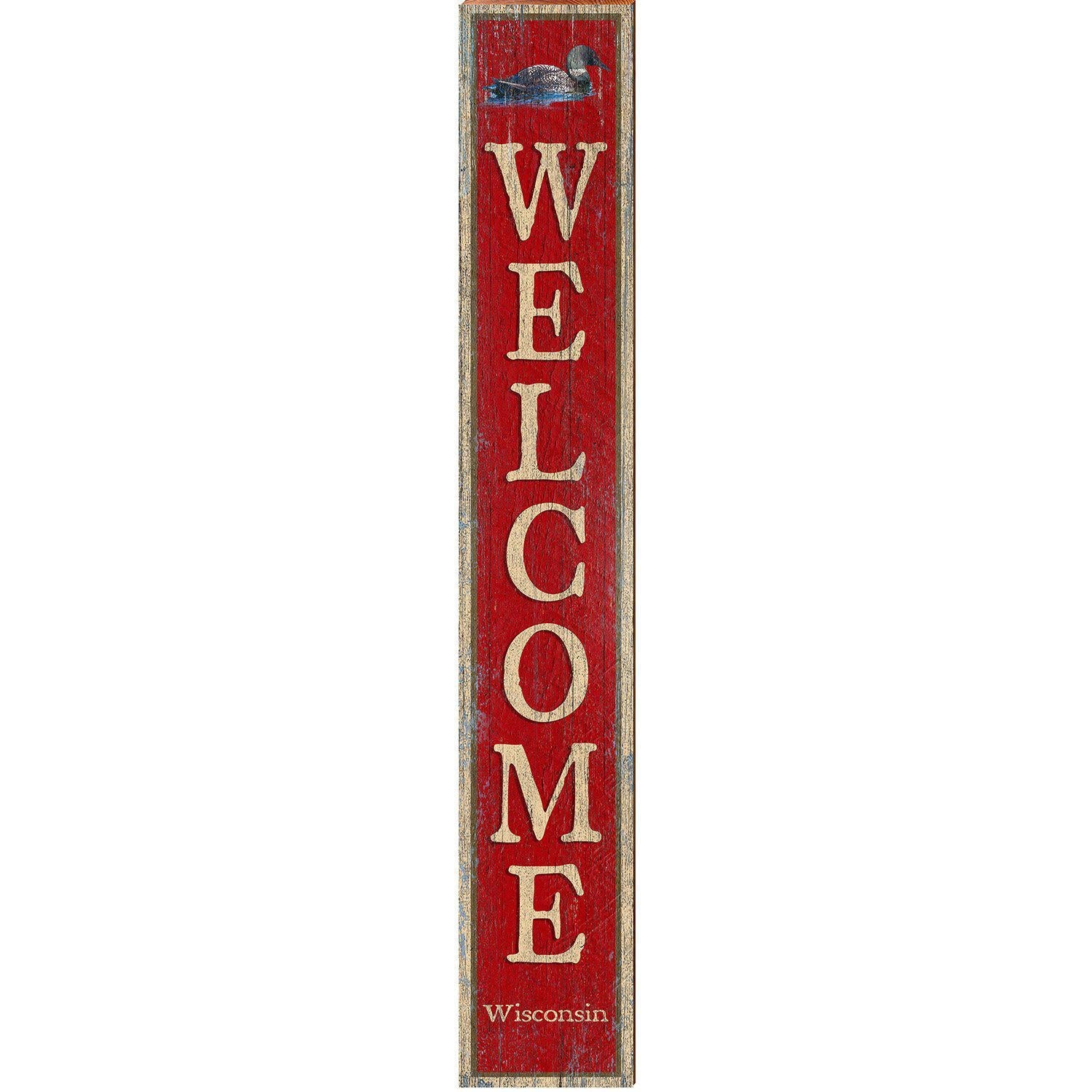 Welcome Wisconsin Loon Red Sign | Wall Art Print on Real Wood