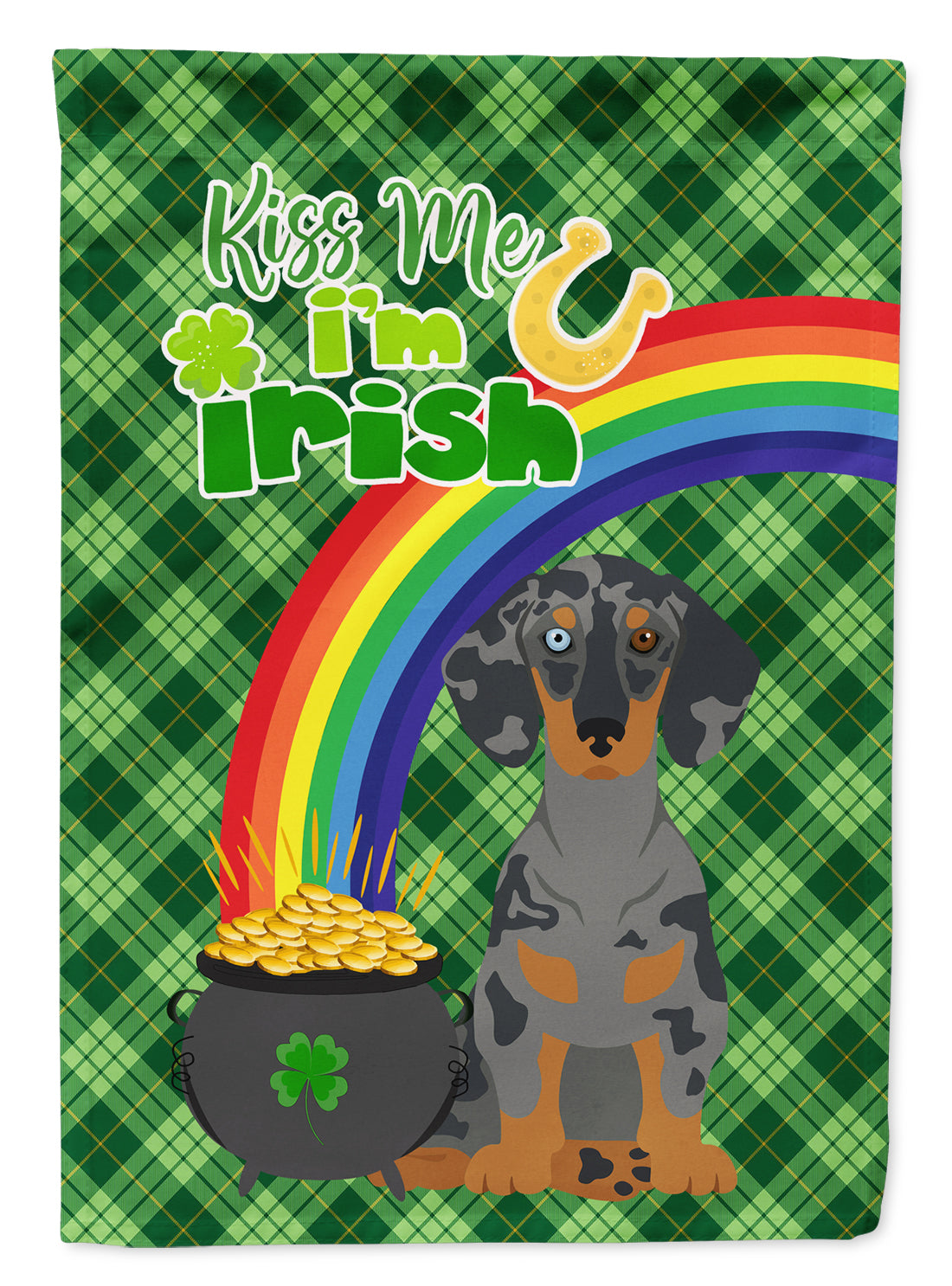 Black Dapple Dachshund St. Patrick's Garden Flag – "Kiss Me I’m Irish"